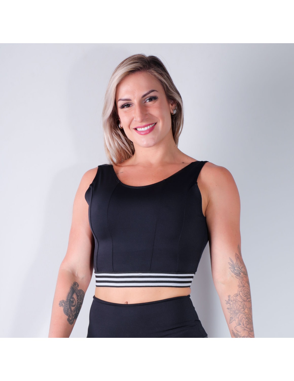 Cropped Preto sem Bojo com Elástico Preto e Branco | Fitmoda